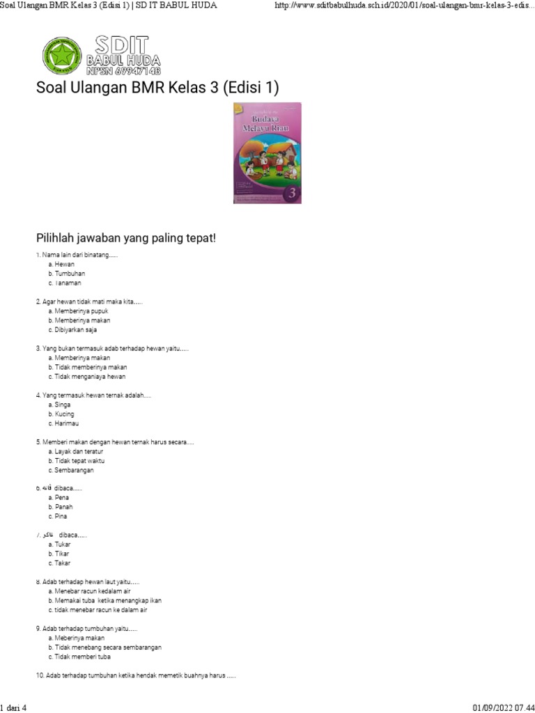Soal Ulangan BMR Kelas 3 (Edisi 1) SD IT BABUL HUDA | PDF