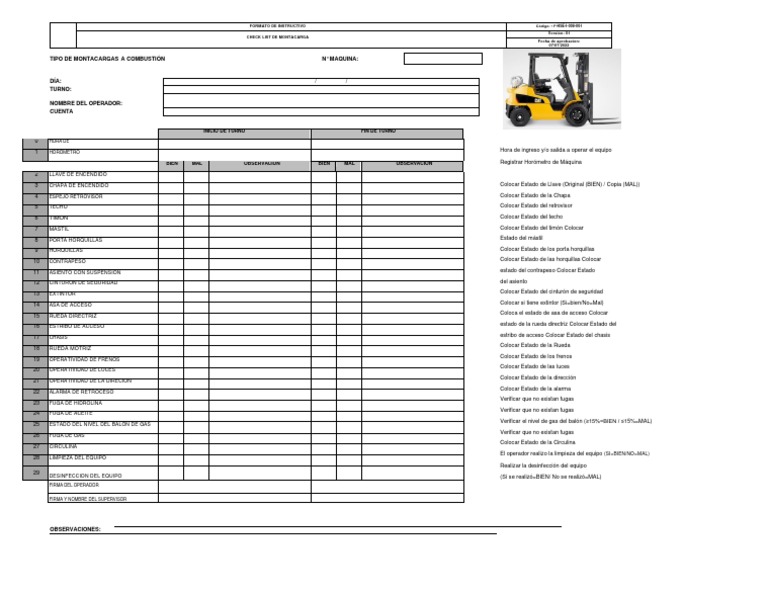 Check List de Montacargas | PDF | Máquina elevadora | Vehículos de ruedas