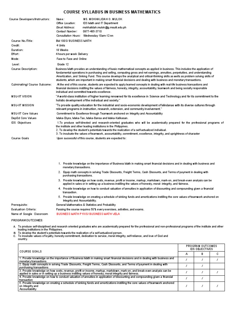 Course Syllabus in Business Math | PDF | Test (Assessment) | Learning