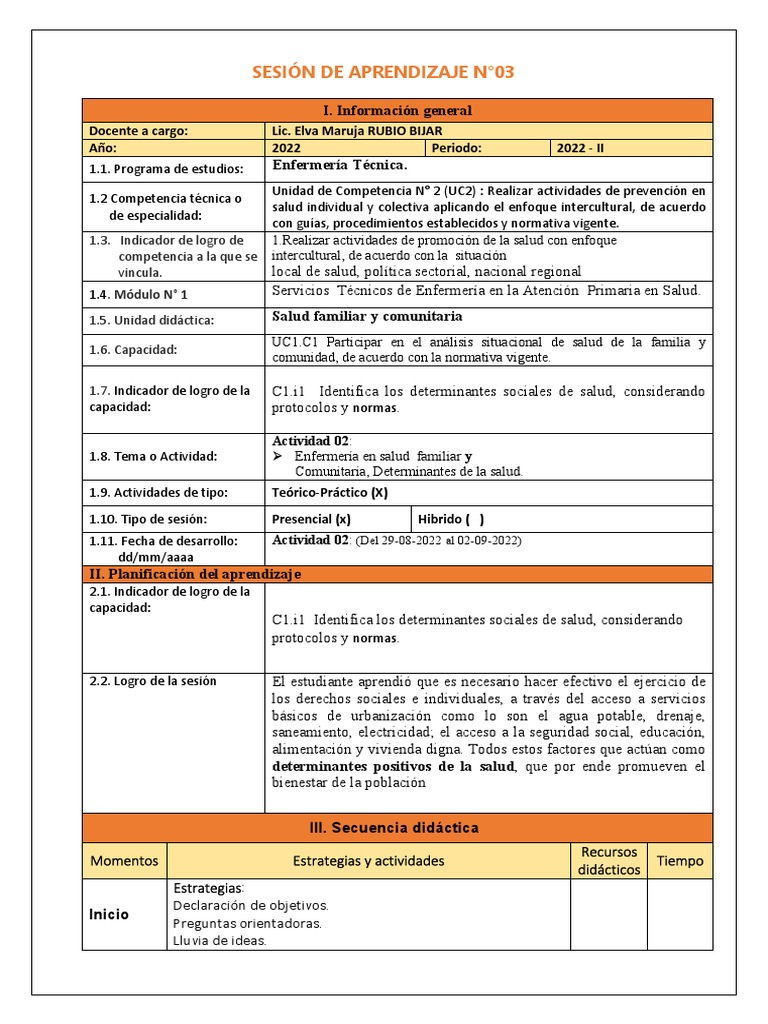 Sesión de Aprendizaje N°03 Salud Familiar y Comunitaria. | PDF | Maestros | Enfermería