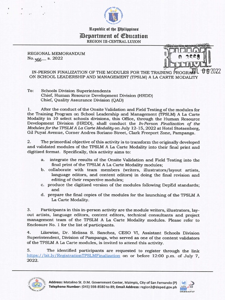 RM No. 366 S.2022 in Person Finalization of The Modules For The ...