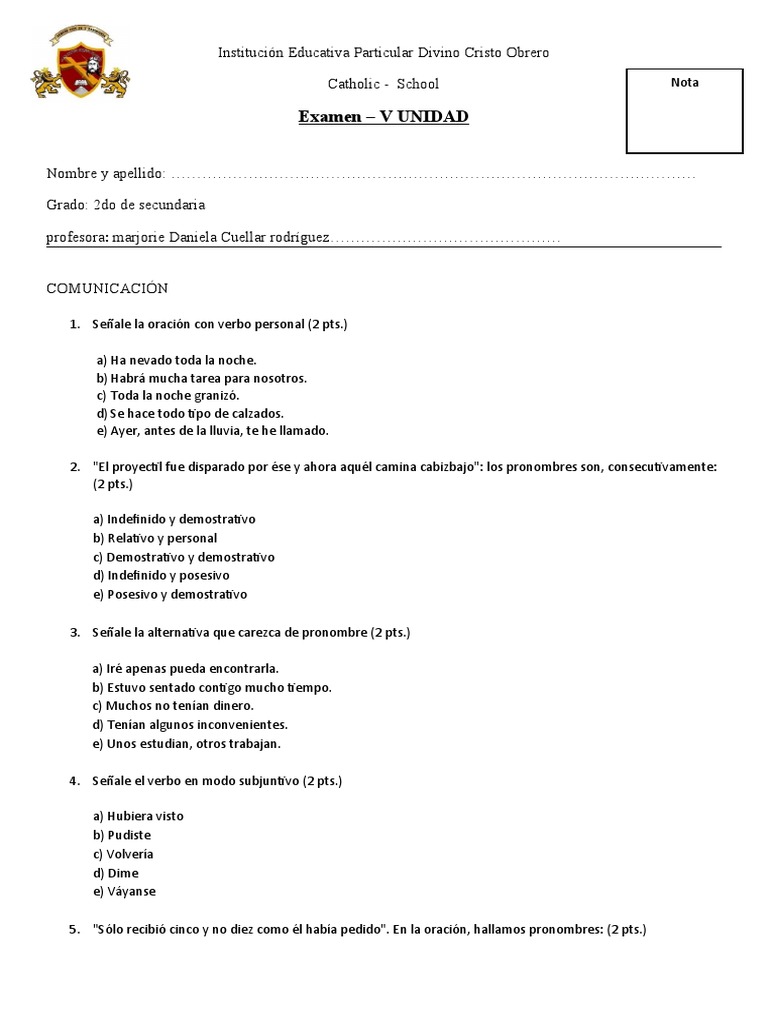 Examen de 2do de Secundaria - V UNIDAD | PDF | Verbo | Unidades Semánticas