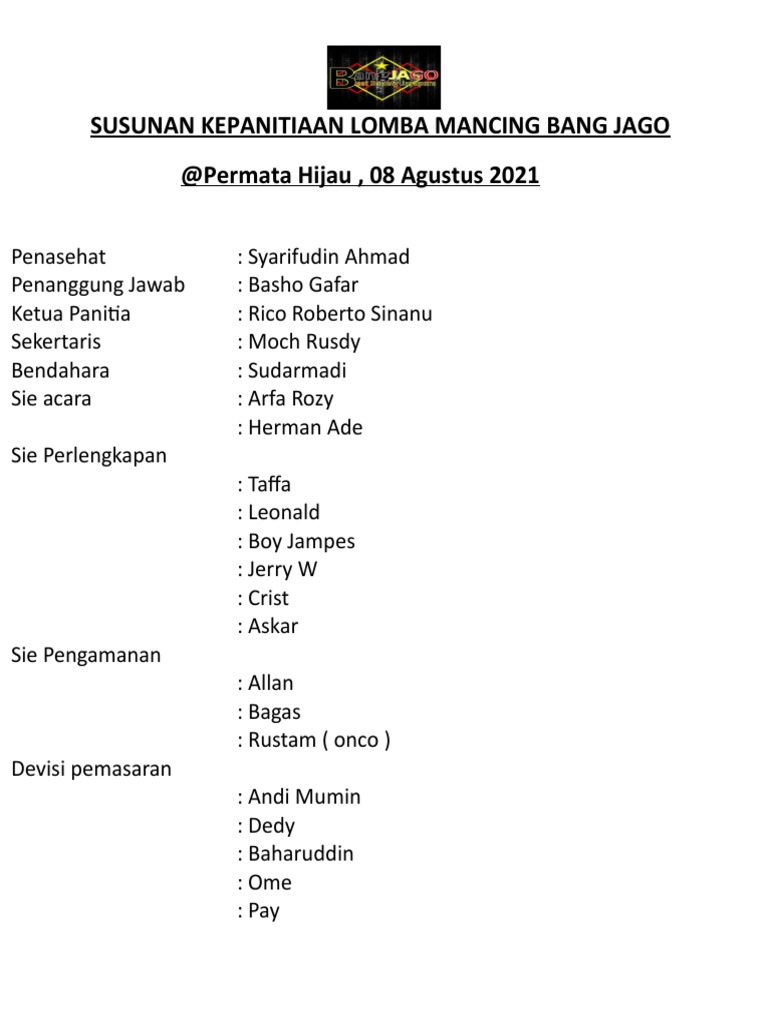 Susunan Kepanitiaan Lomba Mancing Bang Jago | PDF