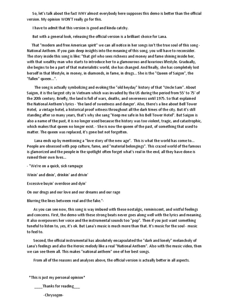 National Anthem - Lana Del Rey Analysis | PDF | Recorded Music