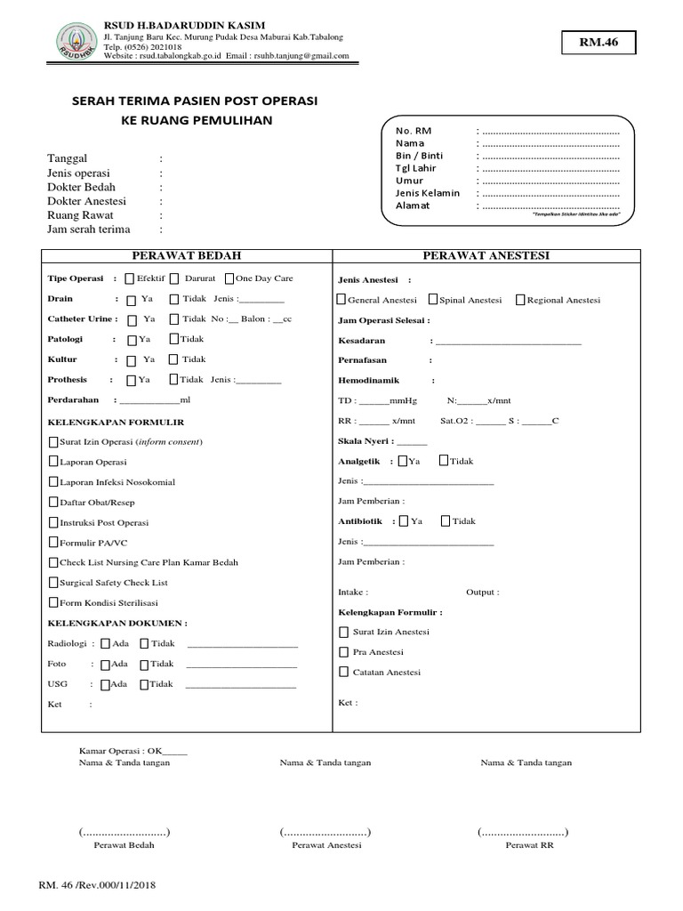 46.form Serah Terima Pasien Post Operasi Ke Ruang Pemulihan | PDF