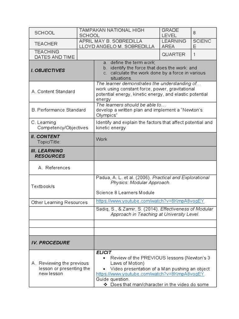 SEMI DETAILED LESSON PLAN 7es FORMAT Topic - WORK | PDF | Force | Learning
