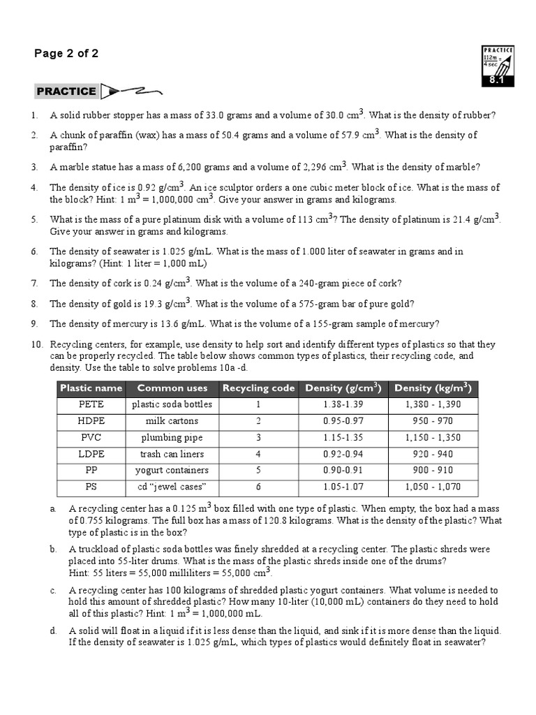 Density Exercise | PDF | Litre | Density