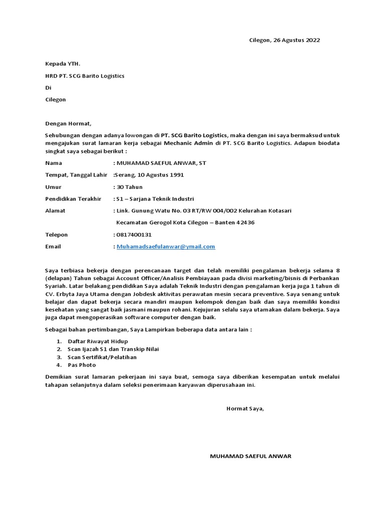 Lamaran Kerja Mechanic Admin SCG Barito | PDF