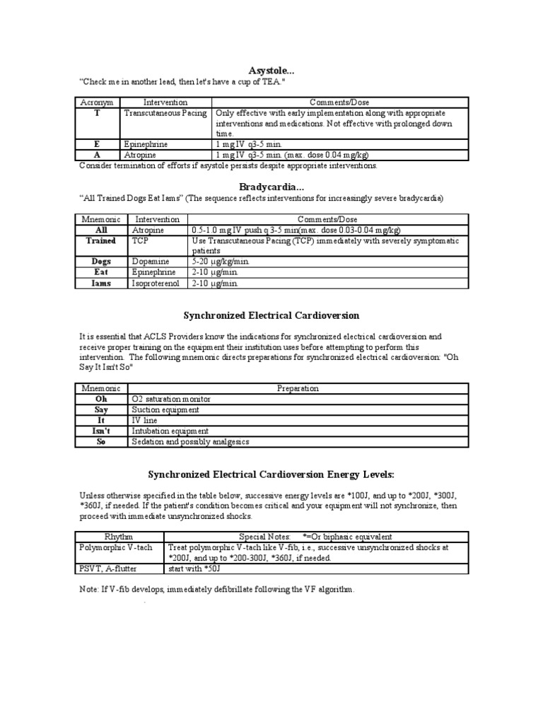 ACLS Mneumonics | PDF | Internal Medicine | Cardiac Electrophysiology