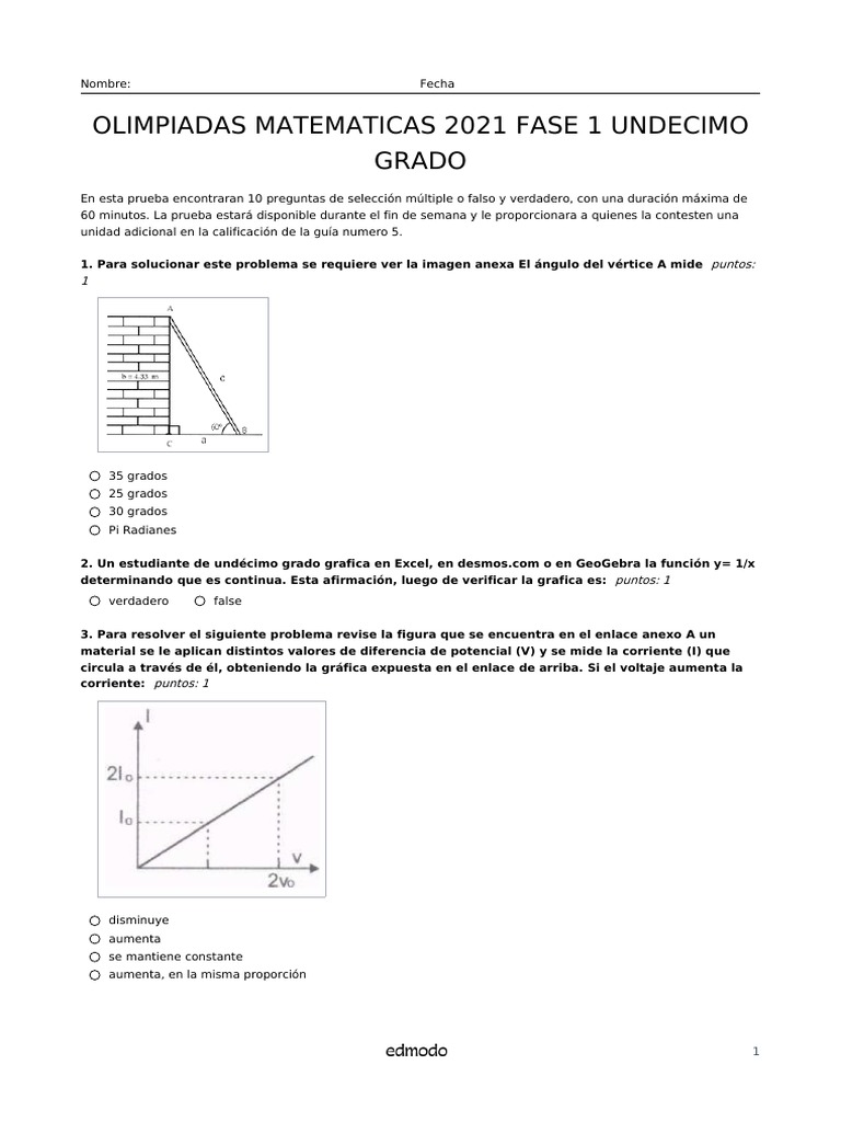 Olimpiadas Matematicas 2021 Fase 1 Undecimo Grado | PDF