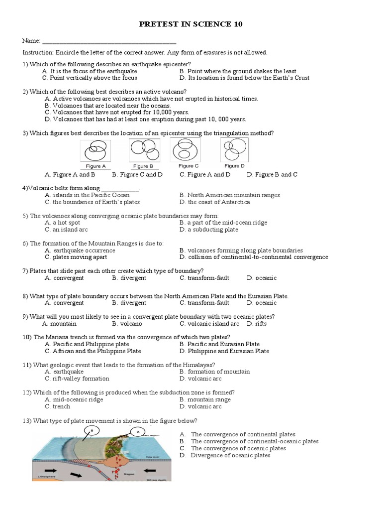 Science 10 Earthquake and Volcano Pretest | PDF | Plate Tectonics | Volcano