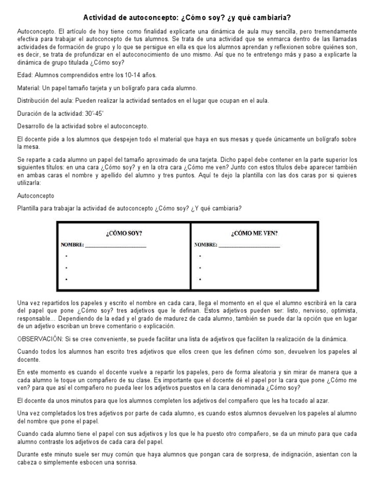 Actividad de Autoconcepto | PDF