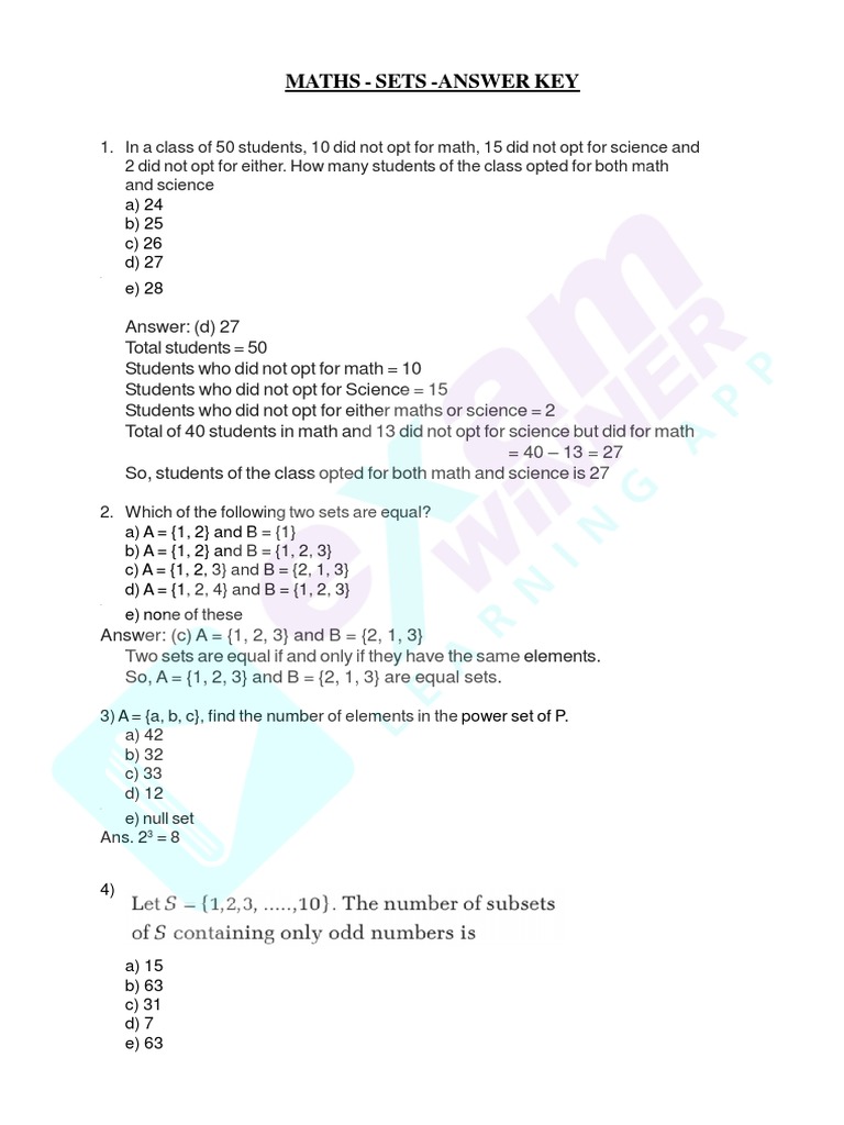 Sets Keam Answer Key | PDF | Set (Mathematics) | Mathematical Logic