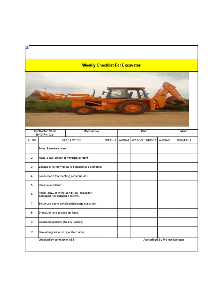 Weekly Checklist For Excavator. | PDF | Home & Garden | Computers