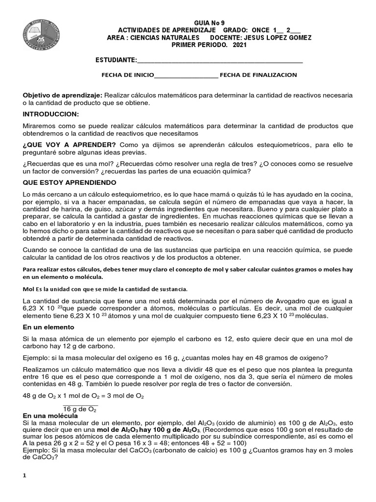Quimica Once Guia 9 Pdf Mole Unidad Estequiometría