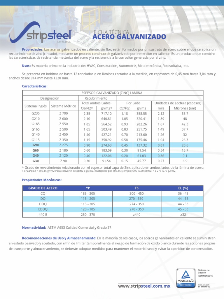 Ficha Técnica de Acero Galvanizado 1 | PDF | Sector secundario de la economía | Ciencia de los ...