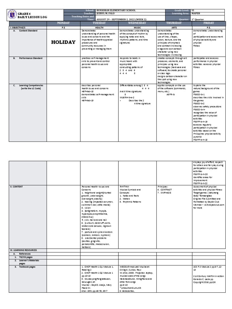DLL - Mapeh 6 - Q1 - W2 | PDF | Rhythm | Teachers
