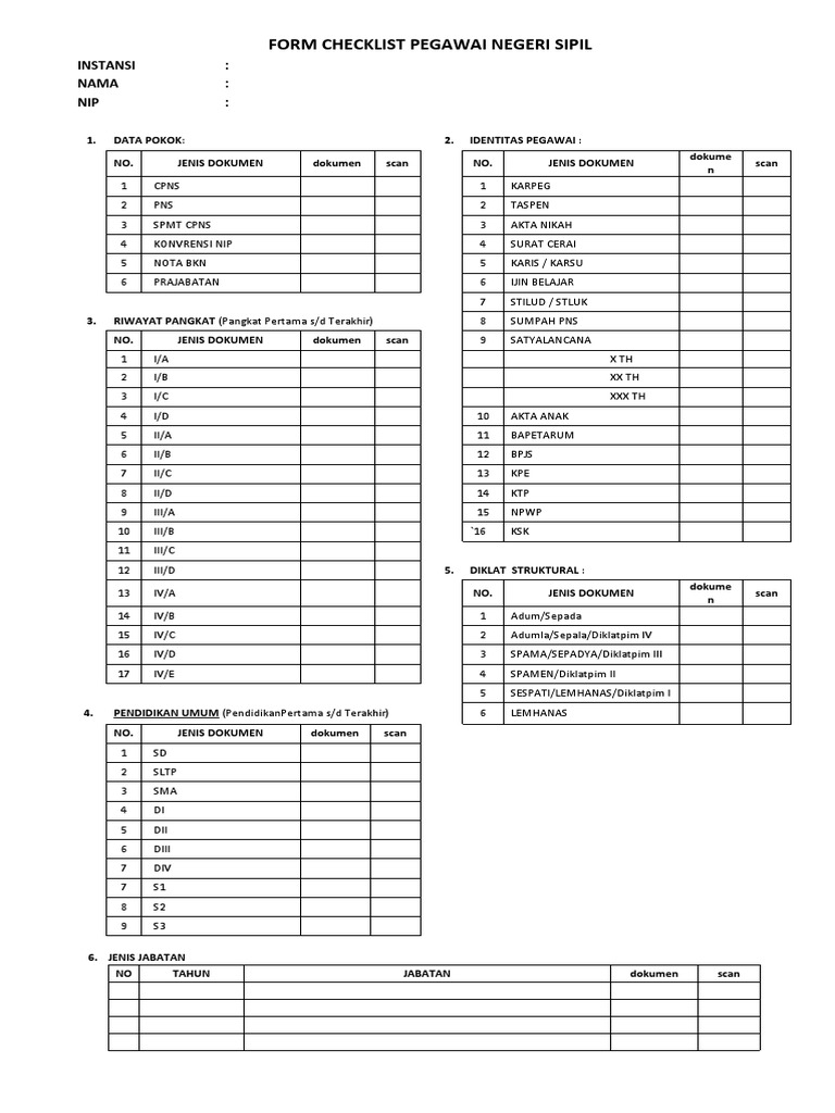 Chek List Dokumen PNS Perorangan | PDF