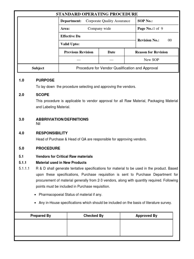 Vender Appoval SOP (PHARMA IND) | PDF | Quality Assurance ...