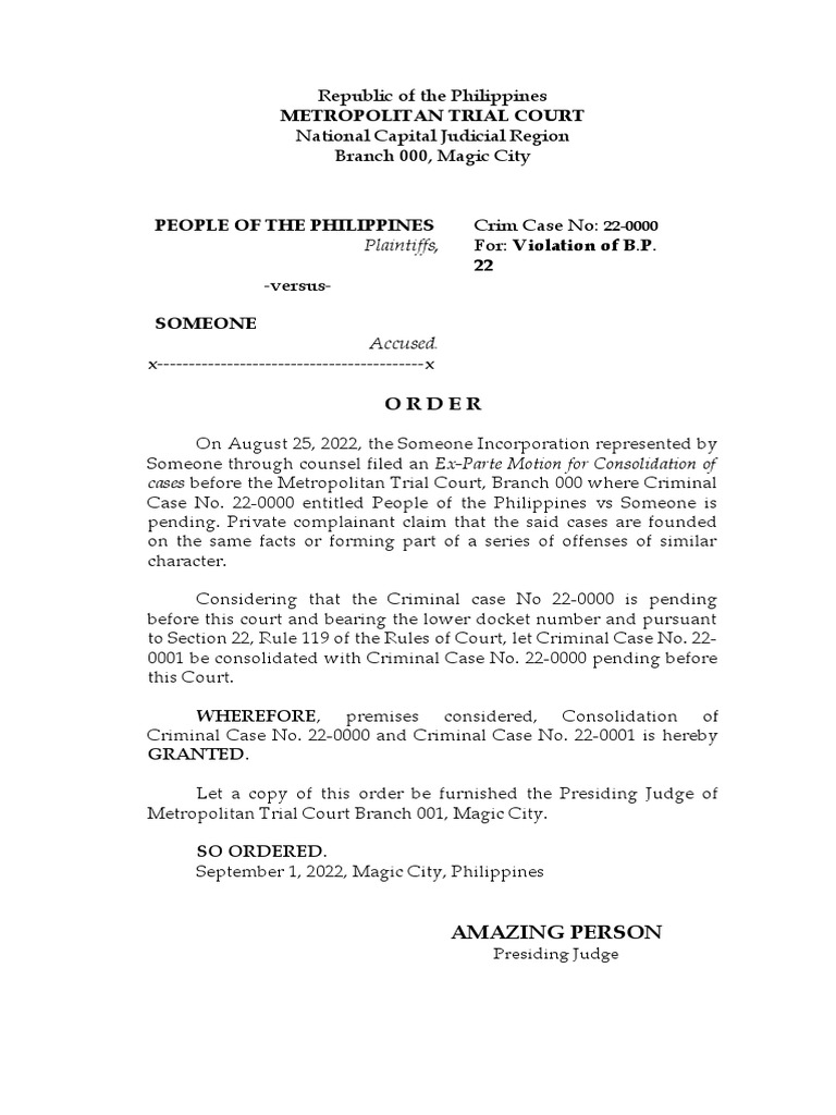 Sample Order of Consolidation of Cases | PDF | Law