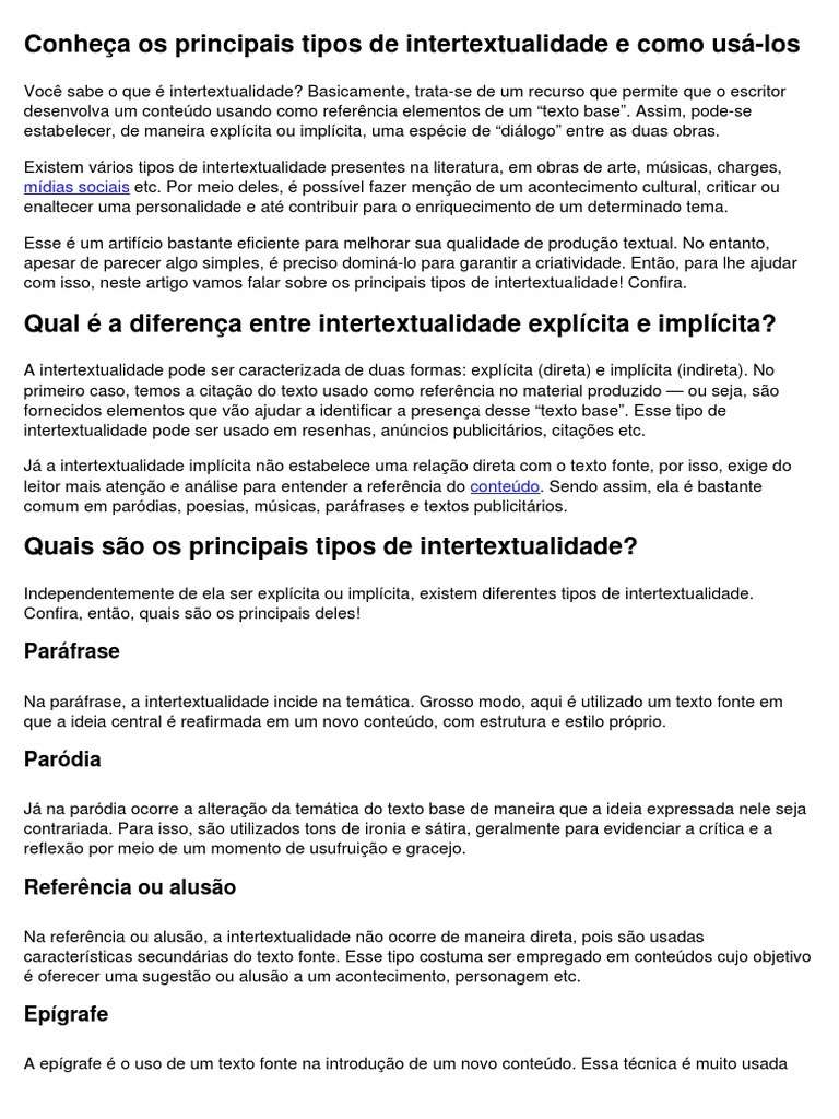 Conheca Os Principais Tipos de Intertextualidade e Como Usa Los | Download grátis PDF ...