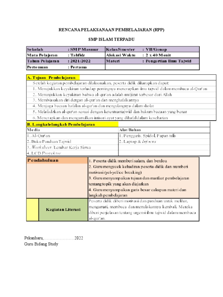 RPP Mata Pelajaran Tahfidz | PDF
