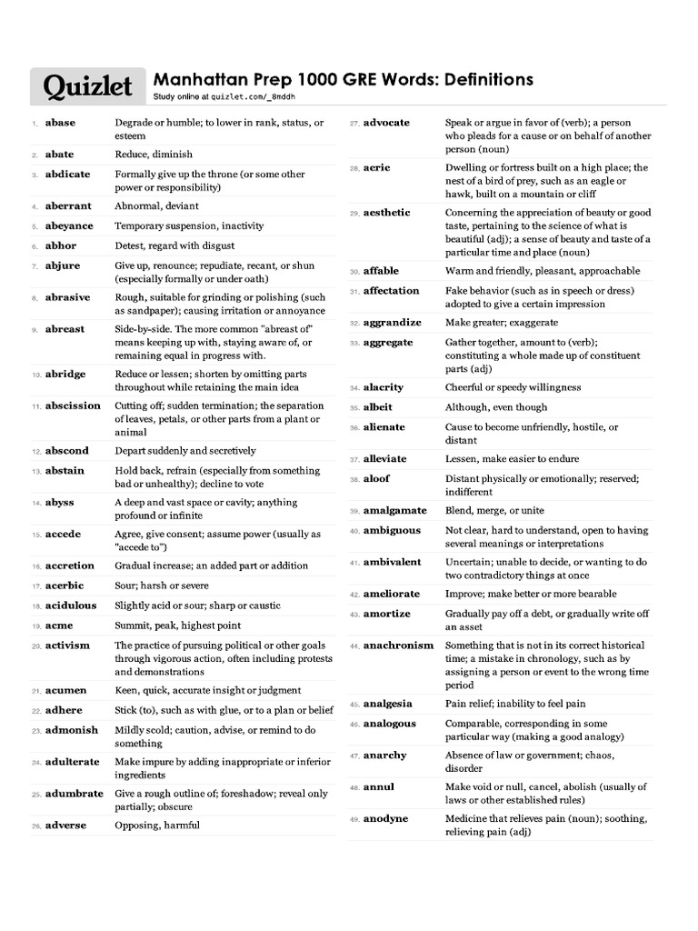 Manhattan Prep 1000 Gre Words | PDF