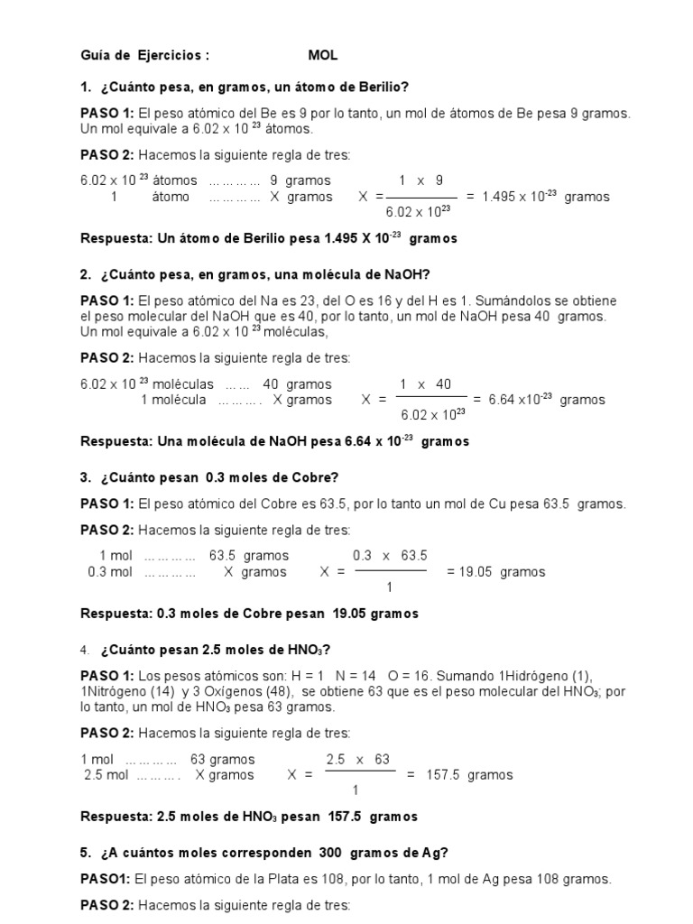 Ejercicios de Moles y Gramos Resueltos | PDF | Mole (Unidad) | Cloro