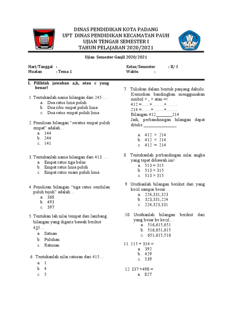 Soal Uts MTK, SBDP Tema1 SMSTR 1 | PDF