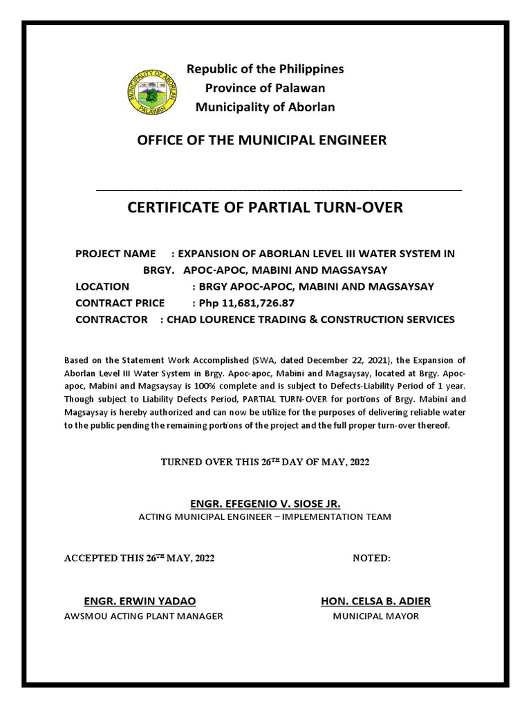 Certificate of Partial Completion | PDF
