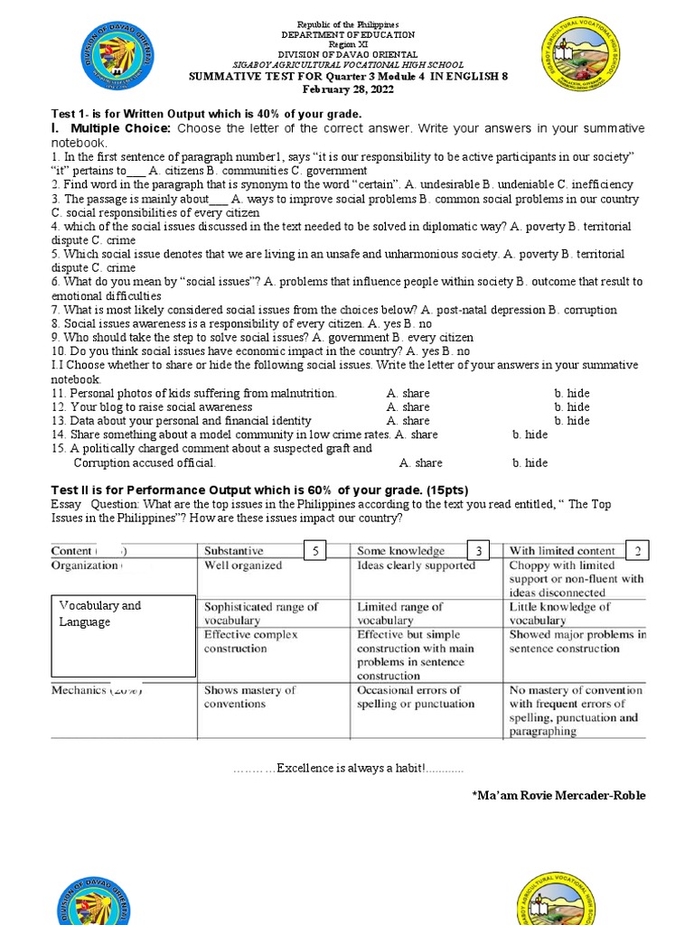 English 8 Summative Test Module 4 | PDF | Business