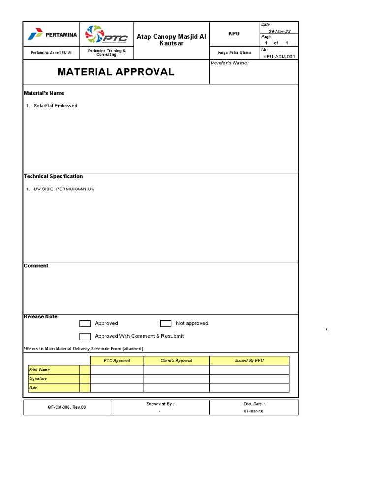 QF-CM-006 Rev.00 - Material Approval | PDF