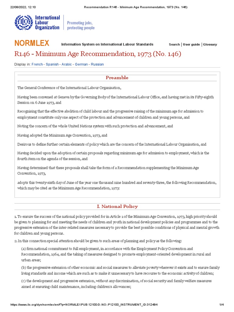 Recommendation R146 - Minimum Age Recommendation, 1973 (No. 146) | PDF ...