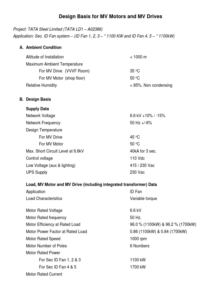 Design Basis for MV Drive and Motor_RA | PDF | Electric Motor | Transformer