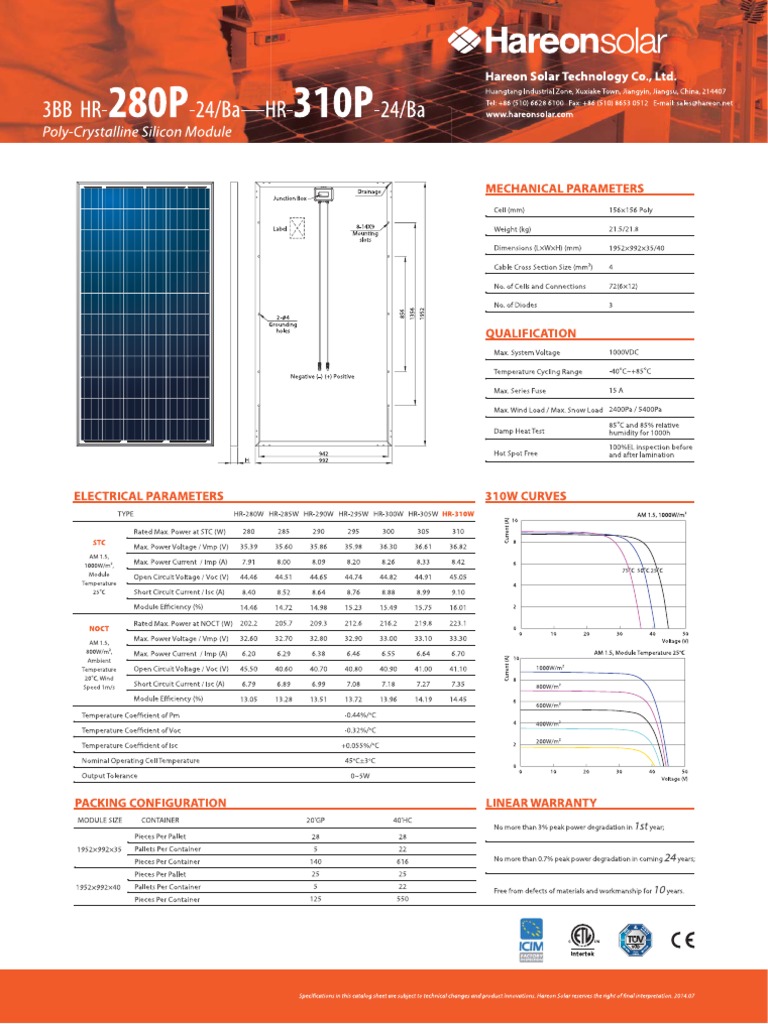 Ficha Tecnica Panel Solar Hareon 310w | PDF