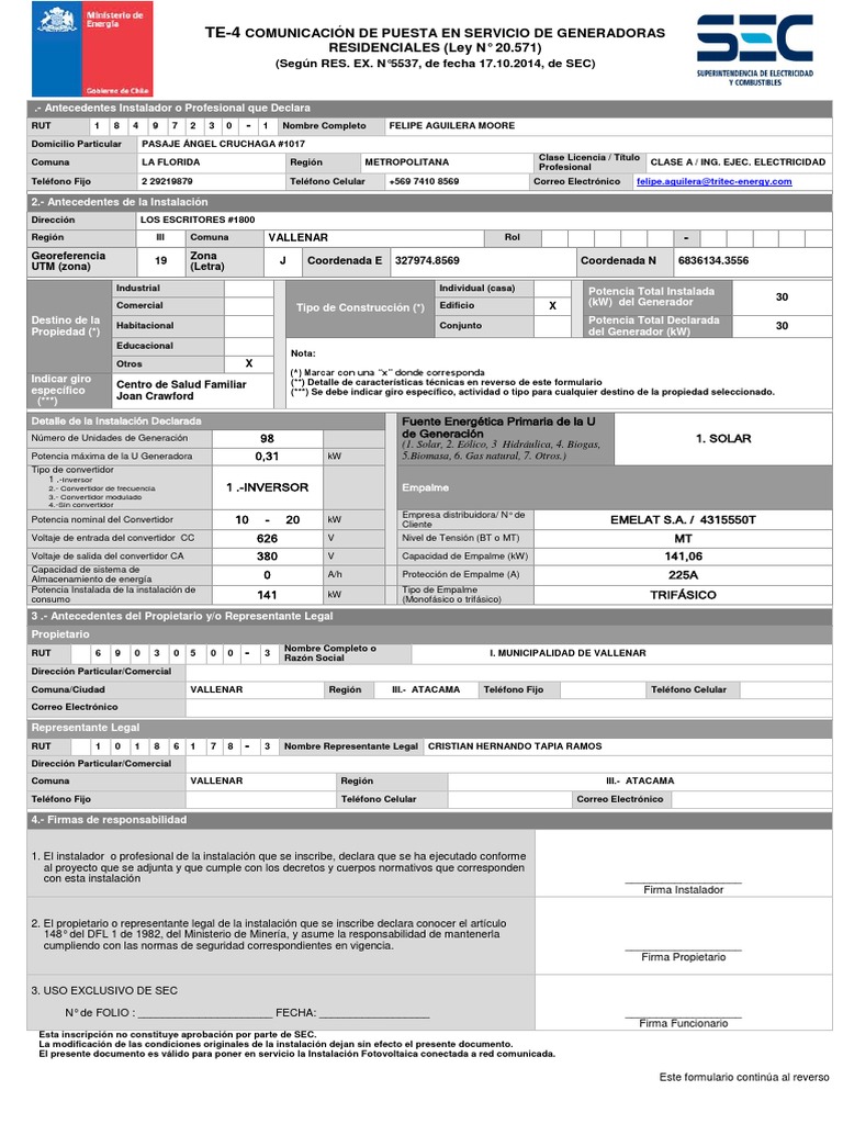 Formulariode Declaracion TE4 | Descargar gratis PDF | Poder (Física) | Electromagnetismo