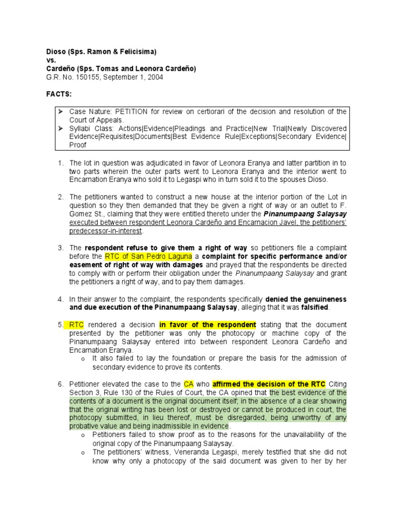 10 Dioso vs. Cardeño Ok | PDF | Evidence (Law) | Complaint