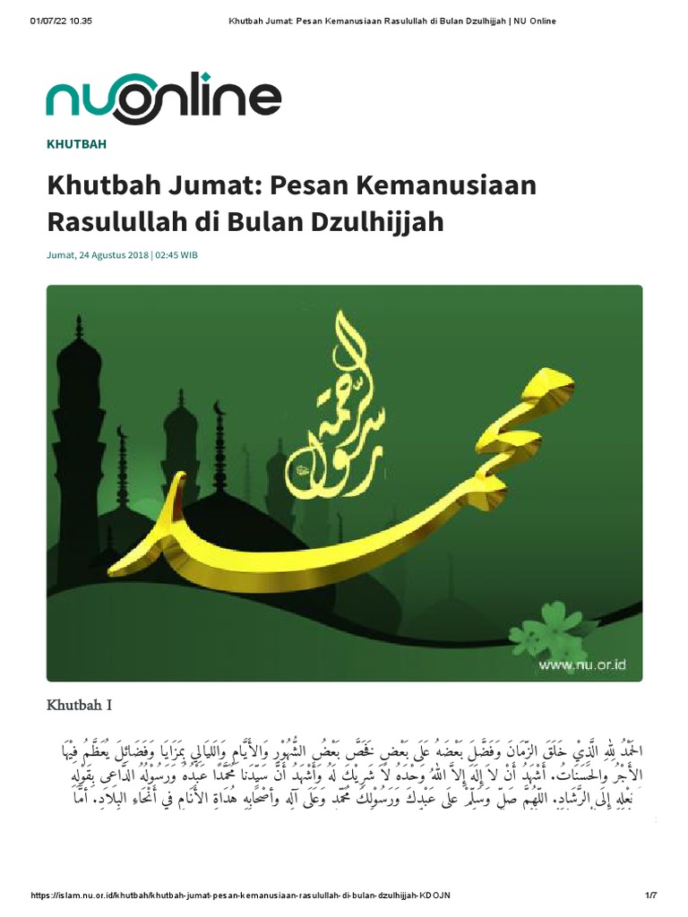 Khutbah Jumat - Pesan Kemanusiaan Rasulullah Di Bulan Dzulhijjah - NU Online | PDF