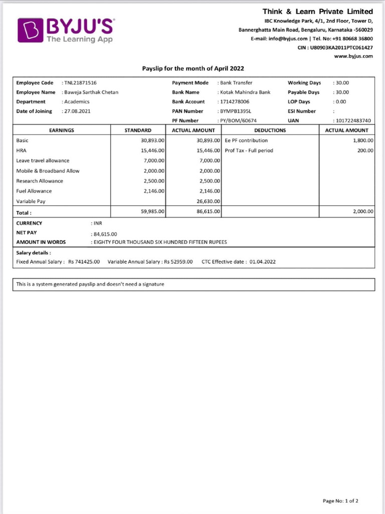 April Payslip | PDF | Taxes | Salary