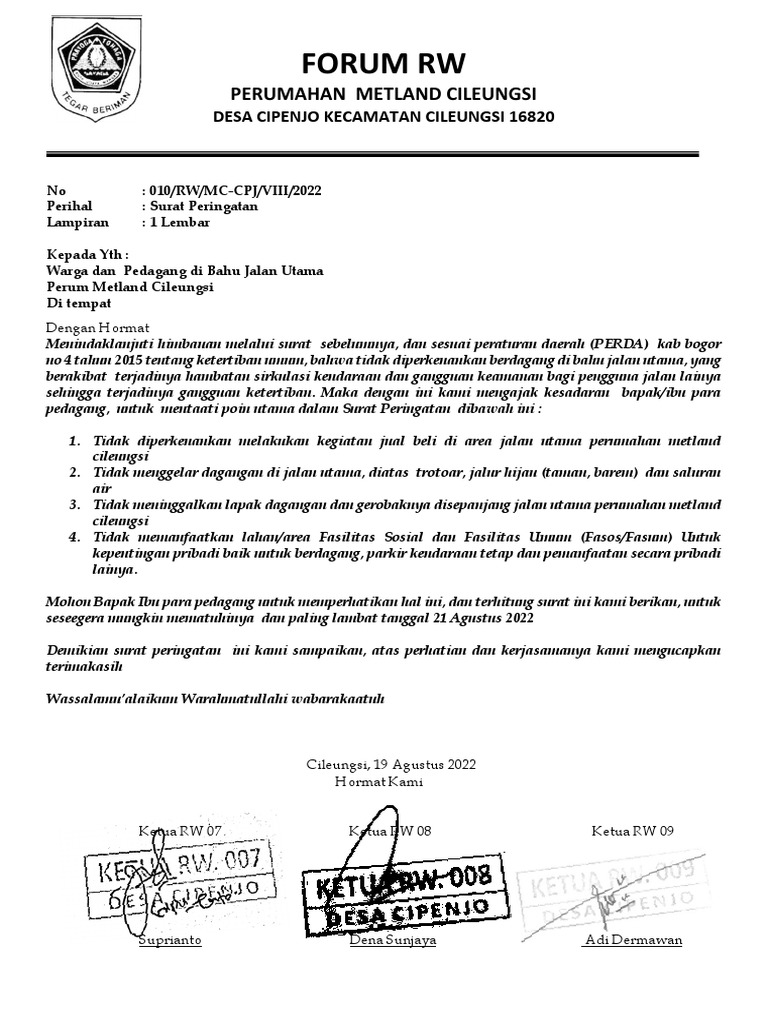 Surat Larangan Berdagang Di Bahu Jalan 2022 | PDF