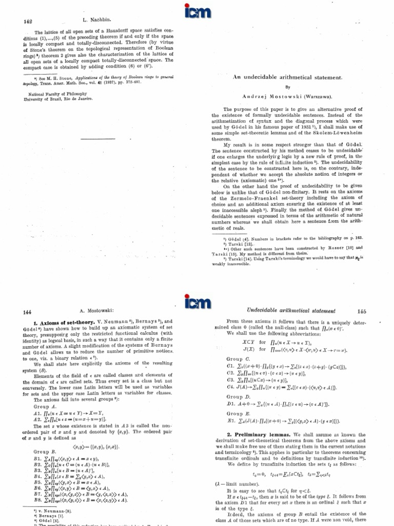 Mostowski - An Undecidable Arithmetical Statement. | PDF