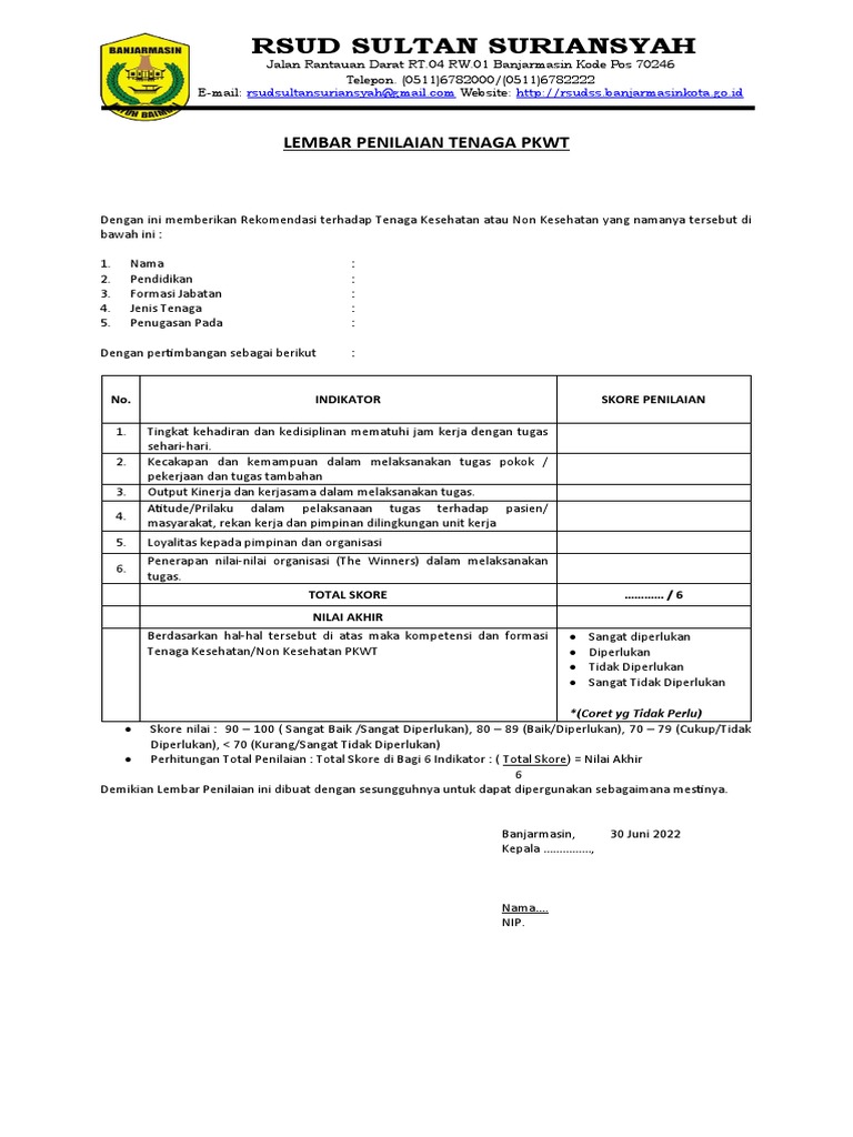 FORM PENILAIAN SEMESTER PKWT Terbaru | PDF
