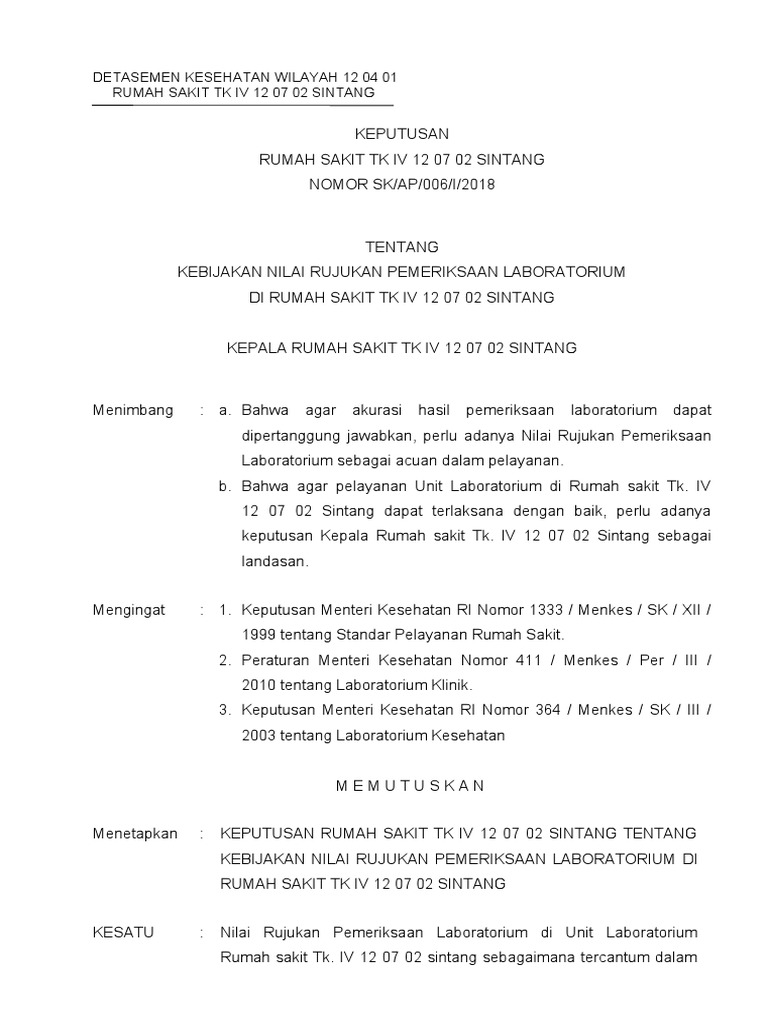 SK Nilai Rujukan Pemeriksaan Laboratorium | PDF