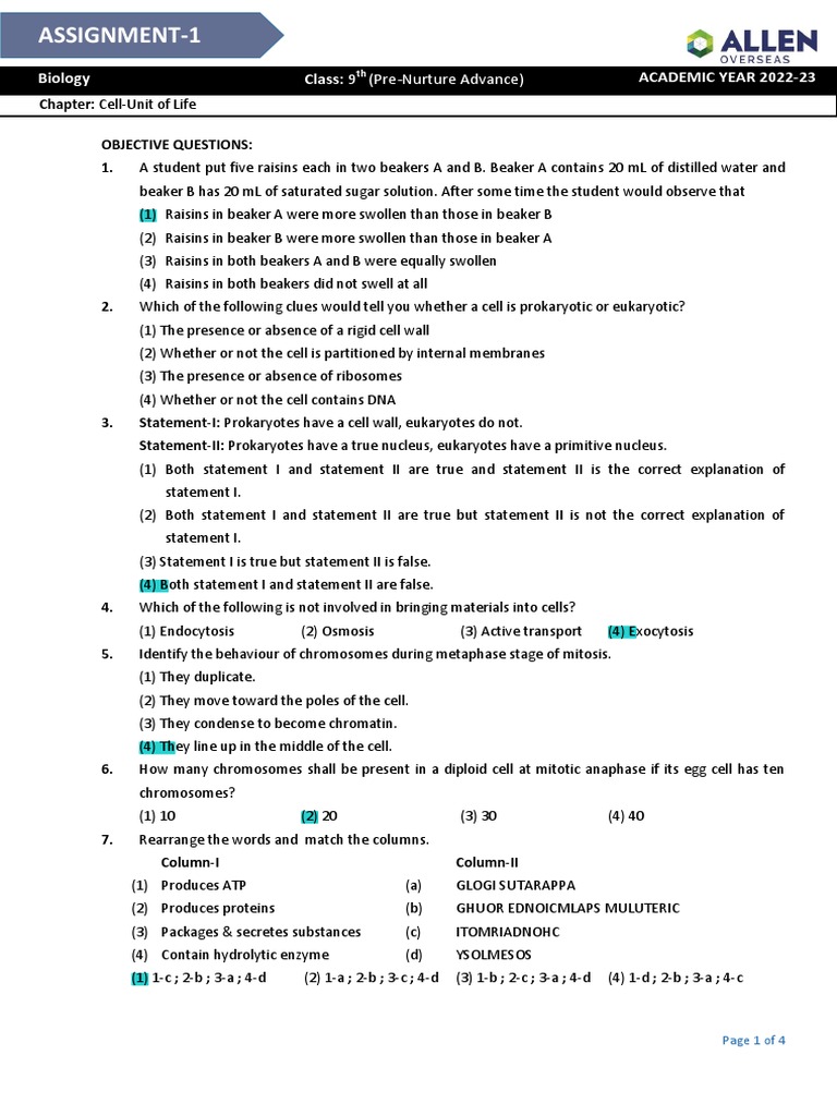 Assignment 1 Class 9 Bio Cell Unit of Life | PDF | Cell (Biology ...