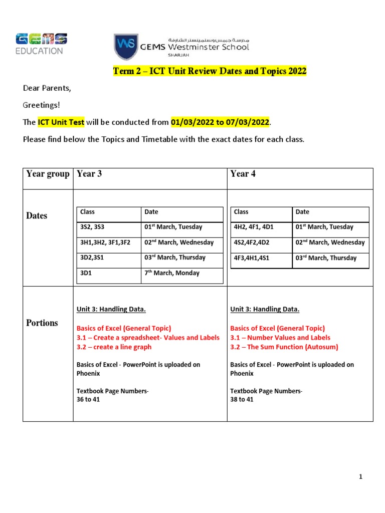 Y3&4 - ICT Unit Review Lab Assessment Letter - Term 2 | PDF | Microsoft Excel | Computing