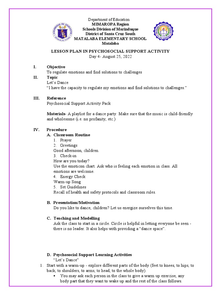 Lesson Plan in Psychosocial Support Activity Grade 6 Day 4 | PDF ...
