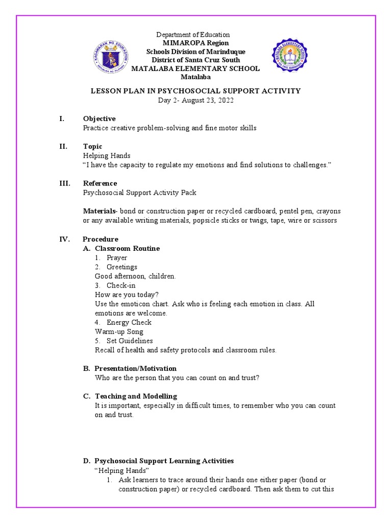 Lesson Plan in Psychosocial Support Activity Grade 6 Day 2 | PDF ...