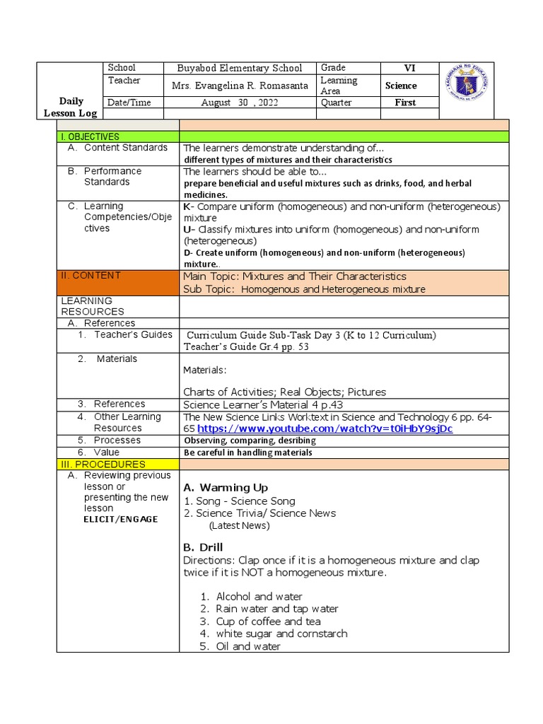 Science 6 DLL q1wk1d4 | PDF | Mixture | Homogeneity And Heterogeneity