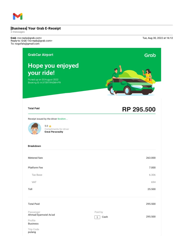 Gmail - (Business) Your Grab E-Receipt Pulang | PDF | Transport