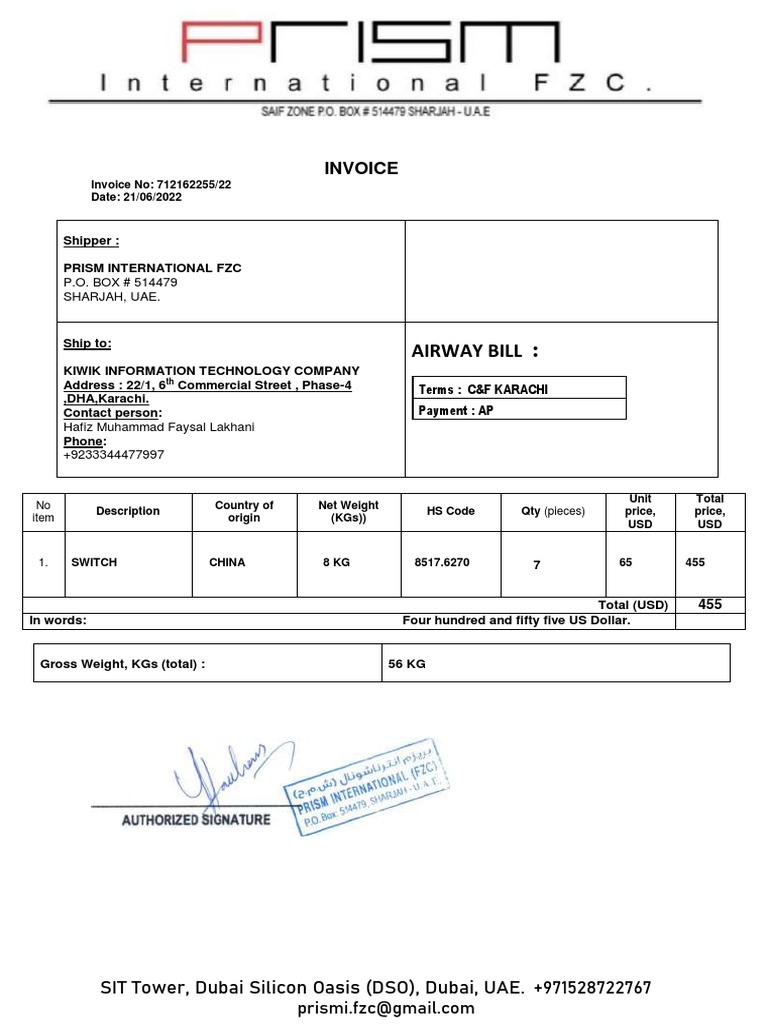 Invoice for the Shipment of Switches from China to Karachi, Pakistan | PDF